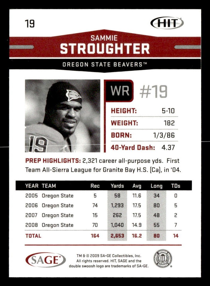 Sammie Stroughter 2009 SAGE HIT Card #19 Oregon State Beavers | eBay