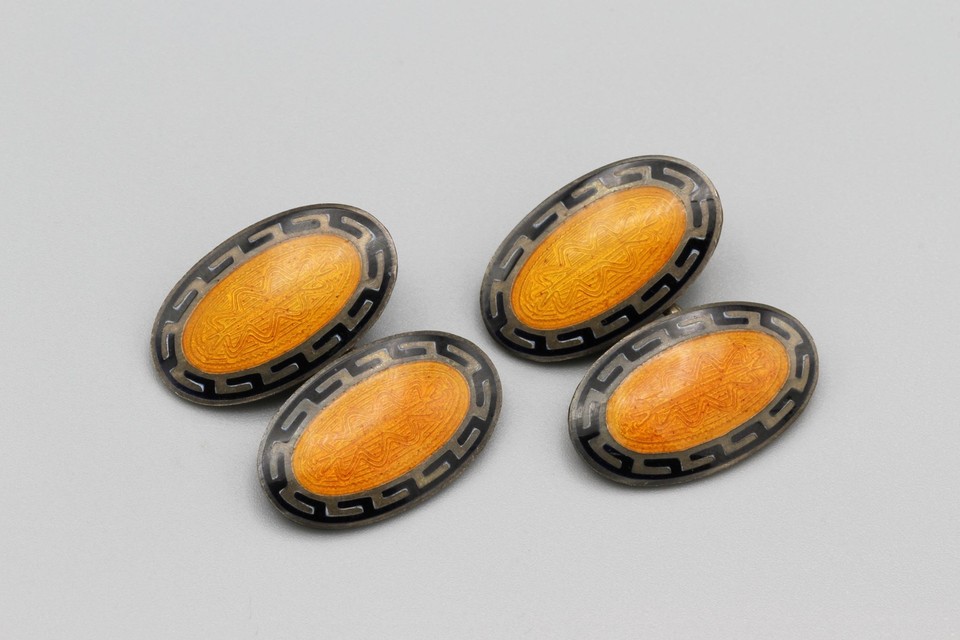 RARE Sterling Silver Orange Guilloche Enamel Cufflinks, Antique Art ...