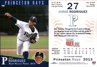 Jorge Rodriguez 2013 Grandstand Princeton Rays RC Card Princeton Rays ...