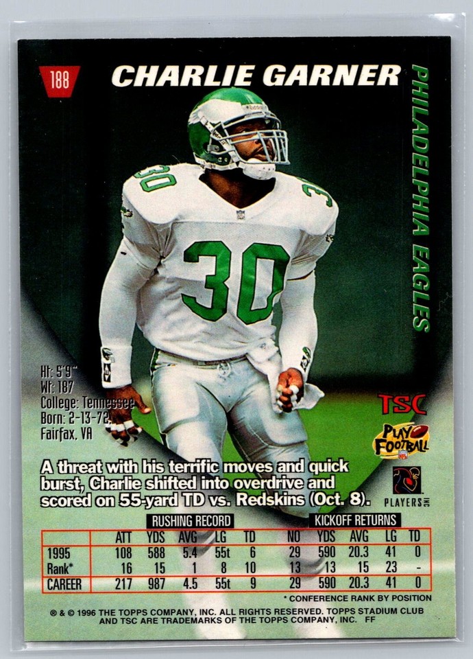 1996 TOPPS STADIUM CLUB CARD # 188 Charlie Garner - Philadelphia Eagles ...