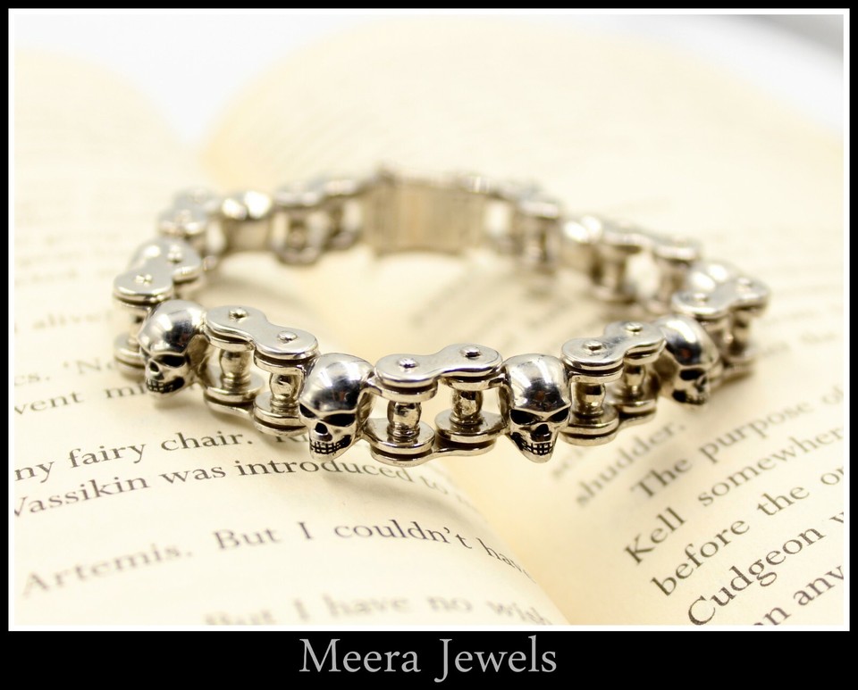 Real 935 Argentium Silver Awesome Bike Chain & Skull Design Mens Tennis ...