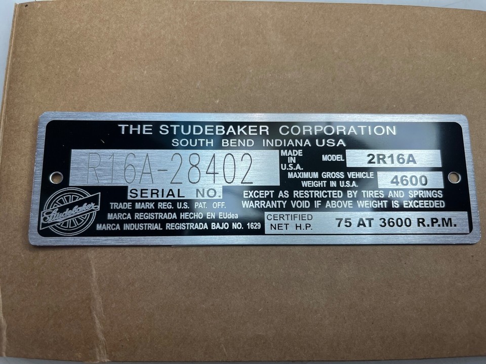 STUDEBAKER USA MADE MODEL SERIAL NUMBER DATA PLATE ID TAG MODEL CAN BE ...