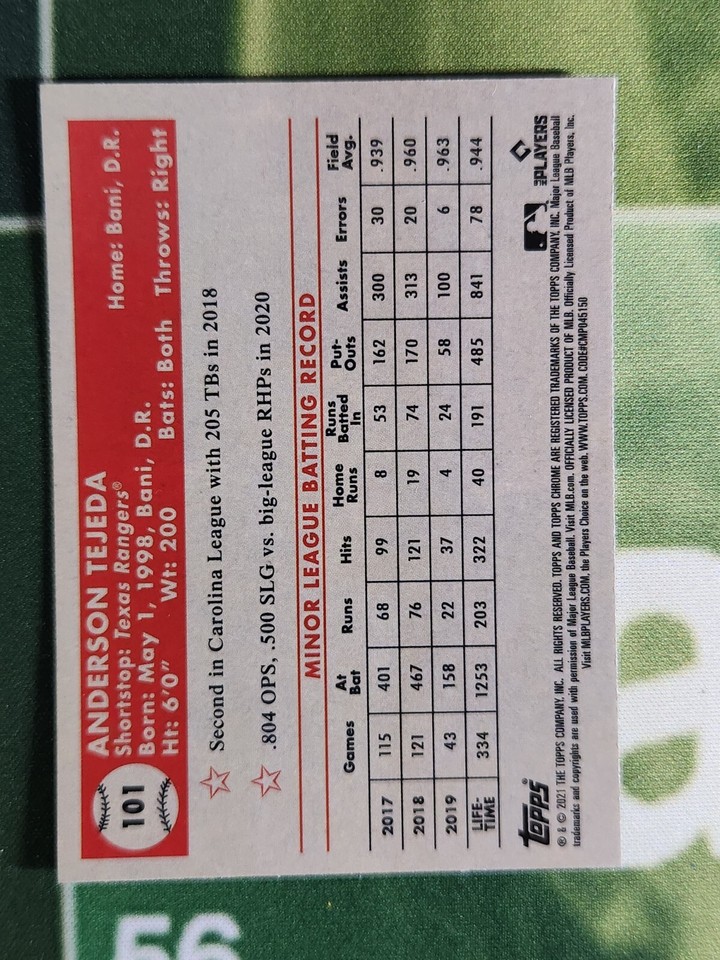 2021 Topps Chrome Platinum Anniversary XFractor Anderson Tejada Rangers ...