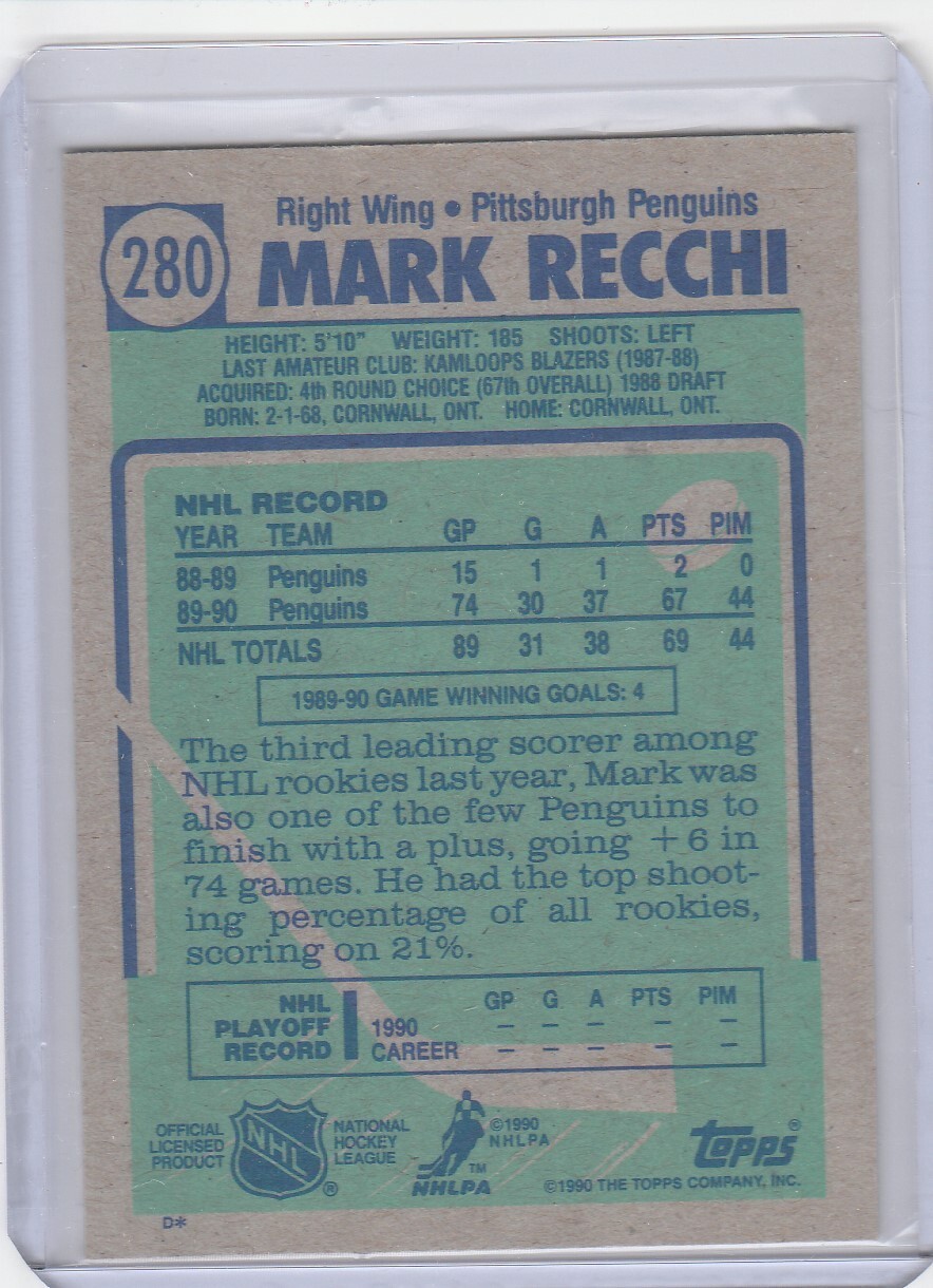 Mark Recchi Rookie Card 1990-1991 Topps #280 rc hof | eBay