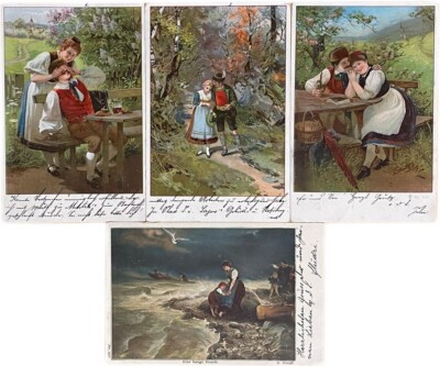 Lot 4 antique 1900 chromo litho postcards german ethnic couples folk ...