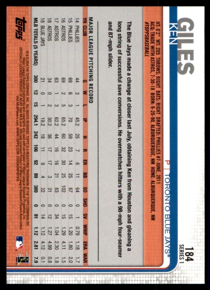 2019 TOPPS #184 KEN GILES TORONTO BLUE JAYS | eBay