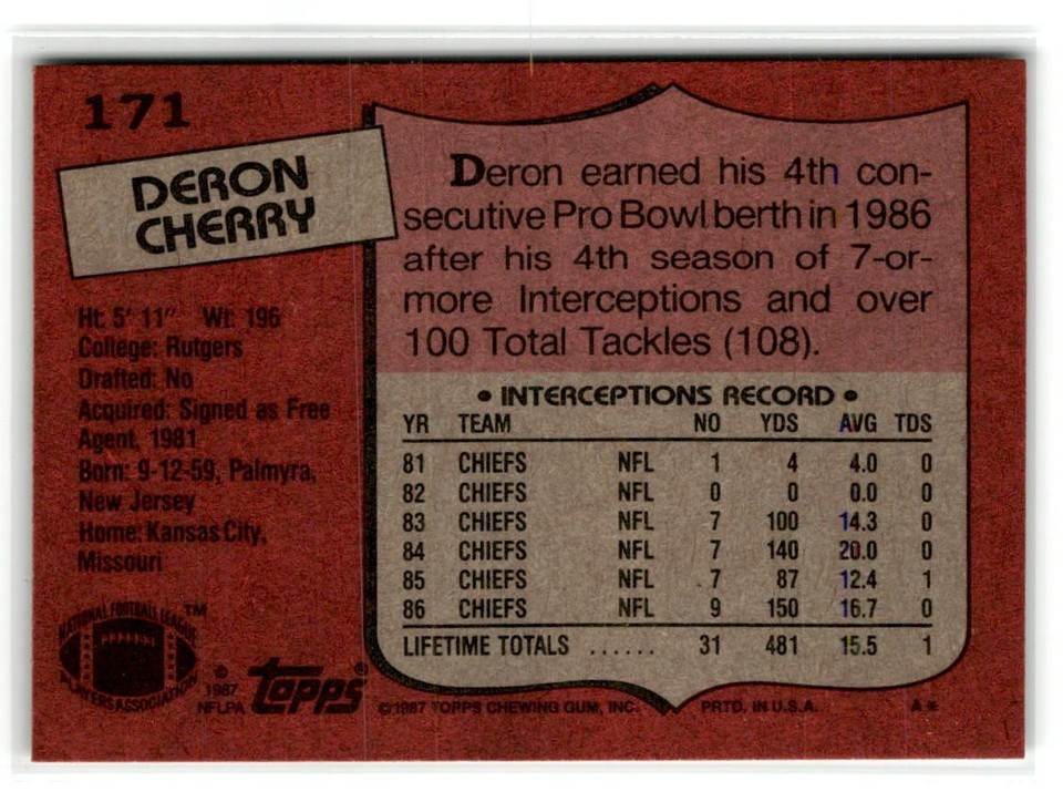 1987 Topps Football #171 Deron Cherry Kansas City Chiefs | eBay