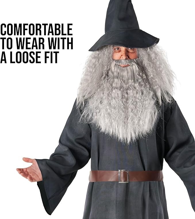 Men`s Gandalf Costume + Wig & Beard Adult Gray Wizard Sorcerer Robe ...