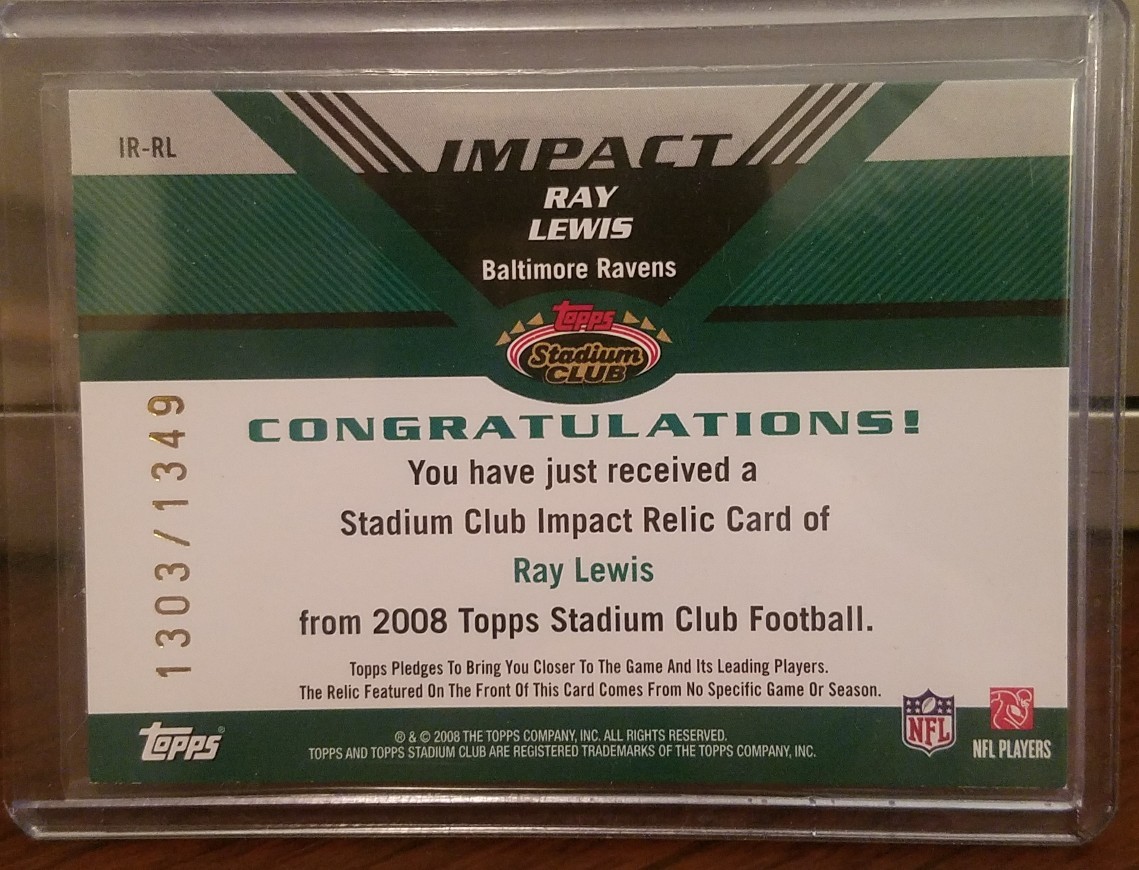 2008 Topps Stadium Club Impact Relics #IR-RL Ray Lewis Baltimore Ravens ...