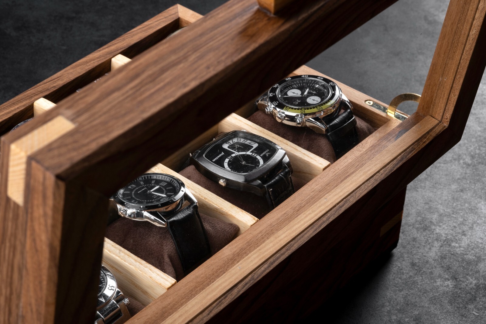 Walnut watch box with drawer, glass lid, engraved watch case, 8-10-12 ...