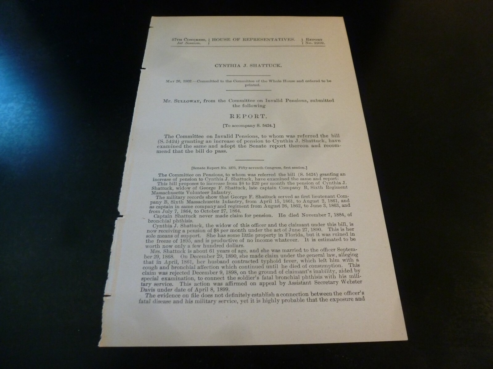 Government Report 1902 George Shattuck Capt Co B 6th Reg MA Vol Inf ...