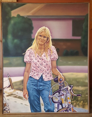 1974 Oil Painting Photo Realism Artist Phil Hanks Original Woman Bike ...