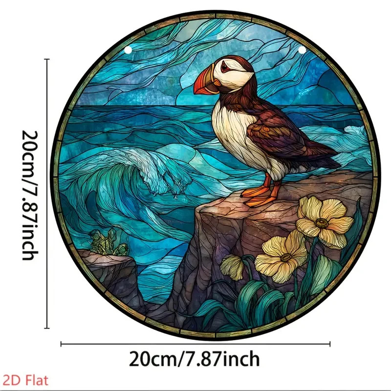 Puffin on Cliff with Waves and Flowers Suncatcher Stained Glass Effect ...