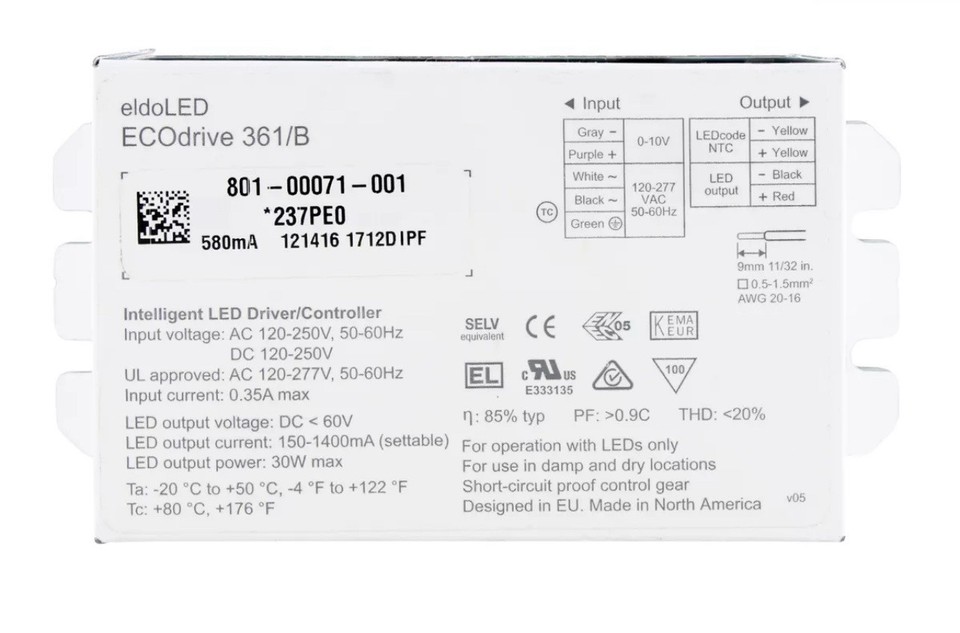 ELDOLED ECODRIVE 361/B INTELLIGENT 0-10V DIMMABLE LED DRIVER, 30W, 120 ...