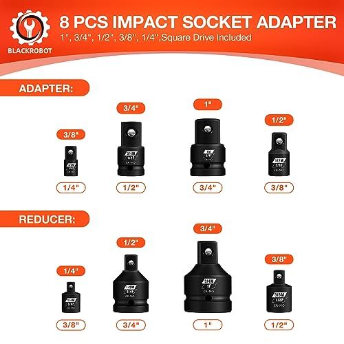 8pcs Impact Socket Adapter And Reducer Set 1 3/4 1/2 3/8 1/4 square Drive 3/4 T | eBay