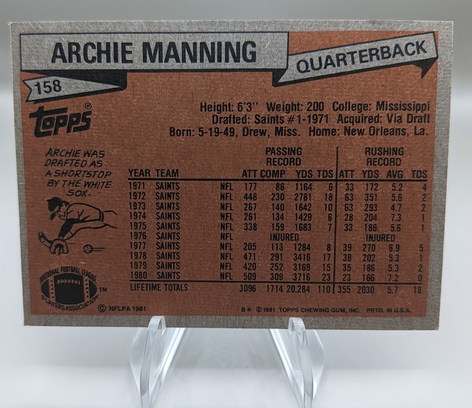 1981 Topps Archie Manning #158 New Orleans Saints | eBay