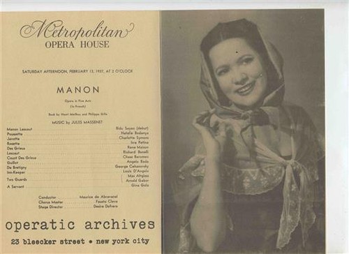 Metropolitan Opera House Operatic Archives Program Manon 1937 Bidu Sayao | eBay