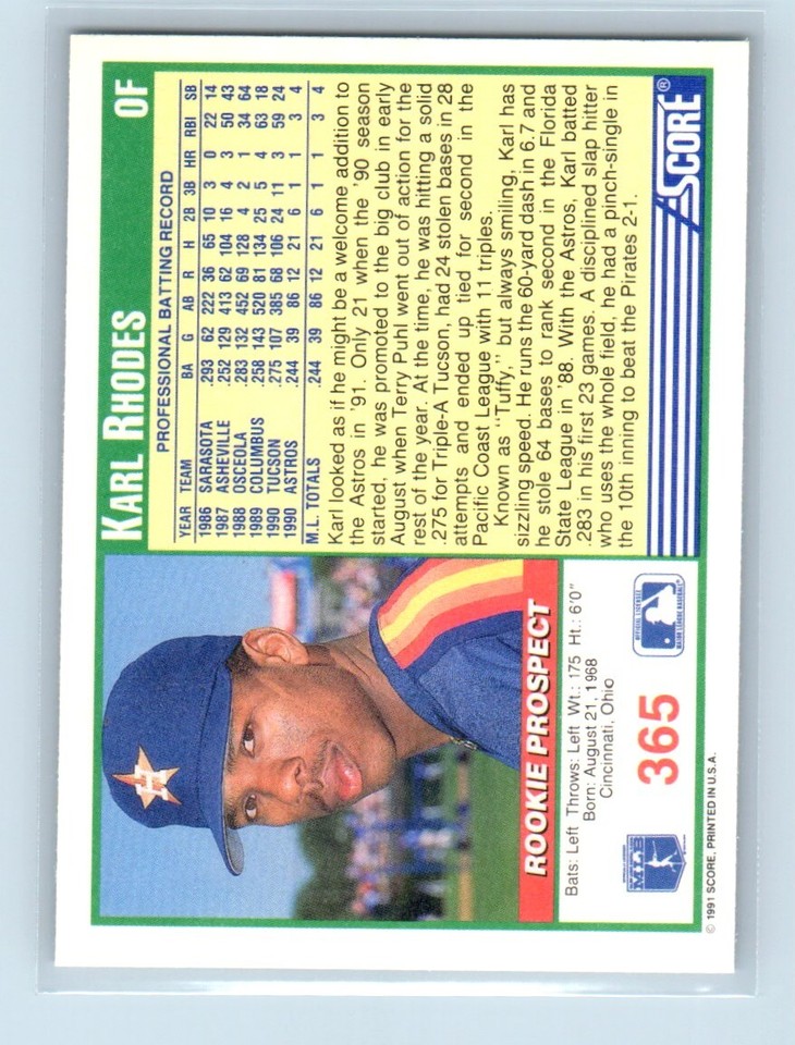 1991 Score Karl Rhodes Houston Astros #365 | eBay