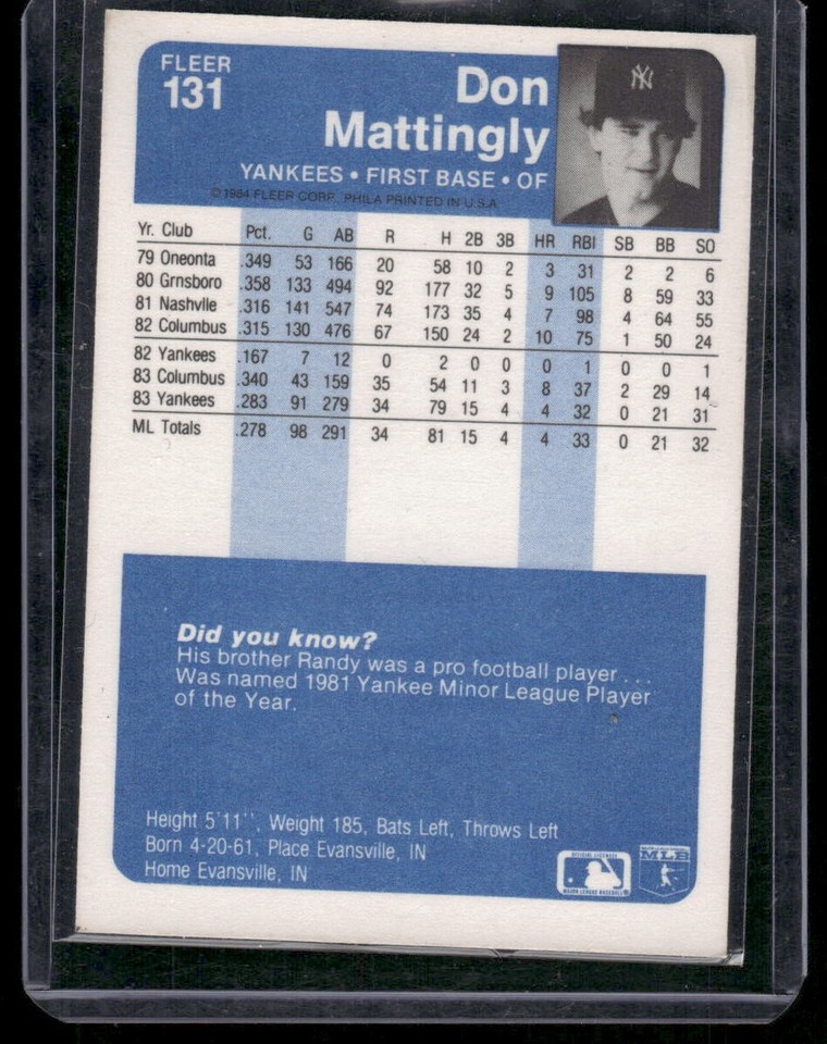 DON MATTINGLY 1984 Fleer Rookie Card RC #131 New York Yankees | eBay