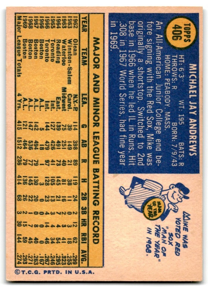 1970 Topps Baseball Mike Andrews Boston Red Sox #406 | eBay