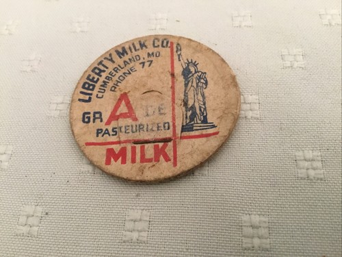 Rare Liberty Milk Co. Milk Bottle Paper Cap Cumberland Maryland MD Lady ...