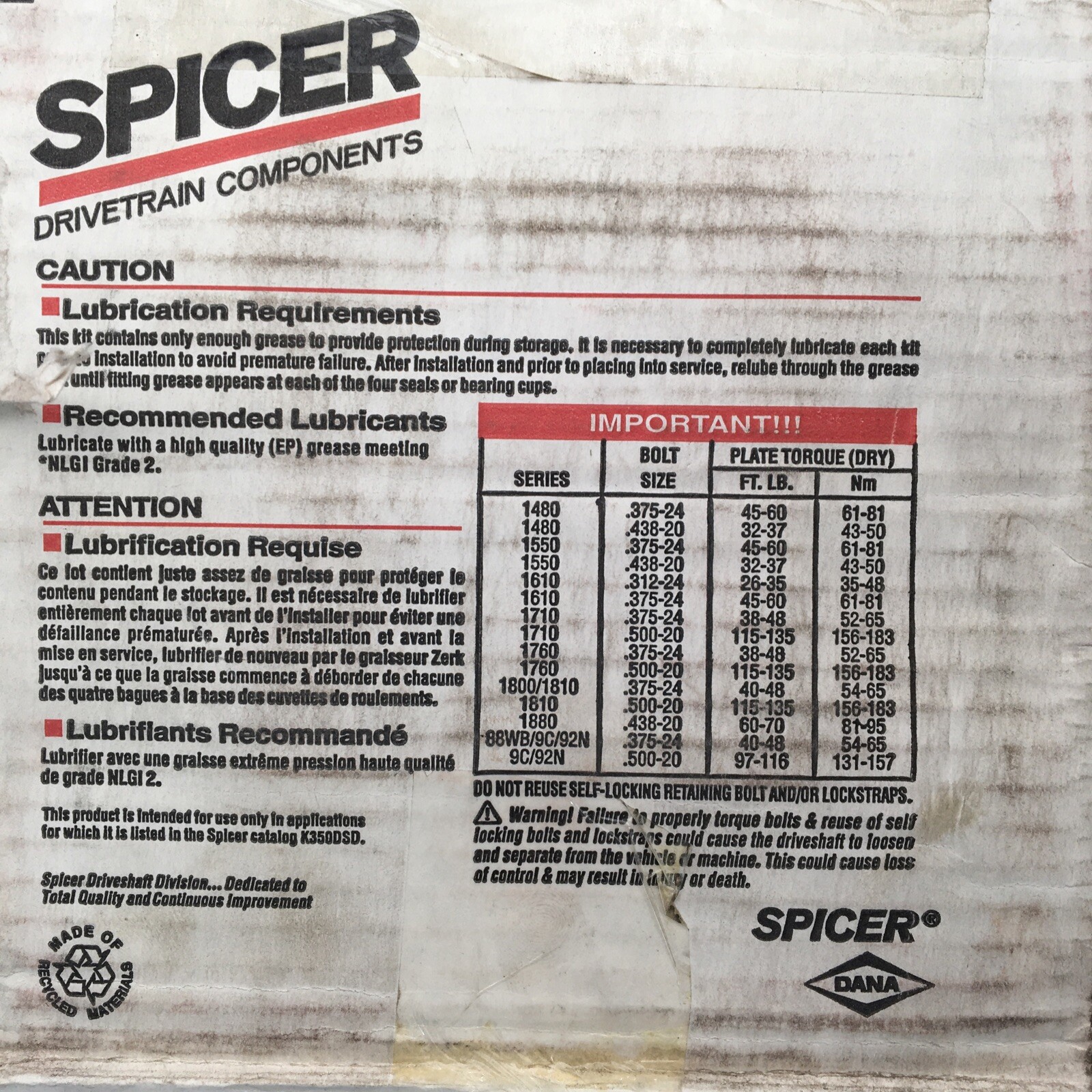 Genuine Dana Spicer 5-407X Universal Joint Kit 1760 Series -NOS ...