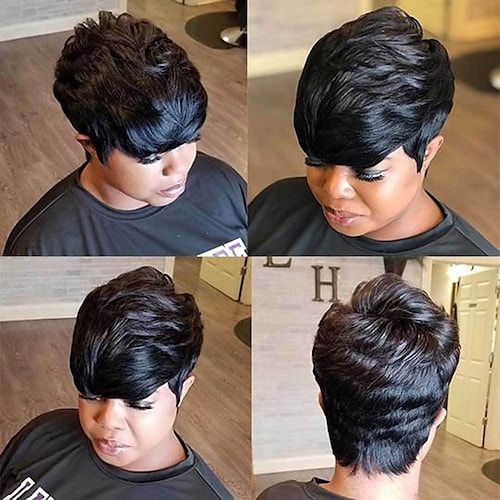 Short Pixie Cut Full Wigs Black Human Hair Wigs with Bangs Natural Wave ...