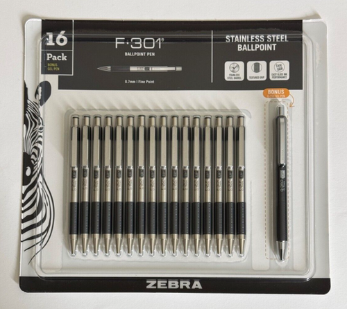 16 Zebra F301 F-301 Ball Point Pen Black Ink Fine 0.7mm Stainless Steel ...