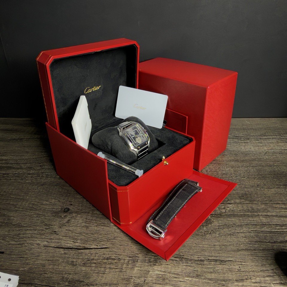 Cartier Santos De Cartier Dual Time Grey Dial Steel MINT FULL SET ...