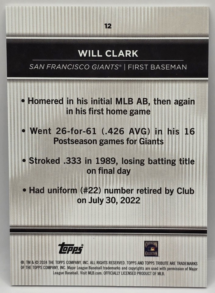 WILL CLARK #/75 Gold 2024 Topps Tribute #12 San Francisco Giants | eBay