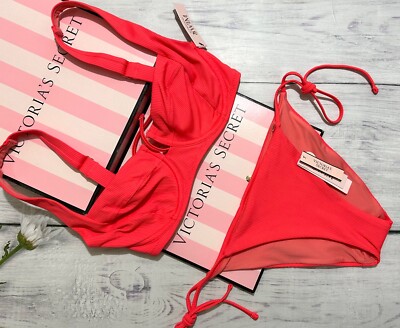 Victoria's Secret Swim Wicked Side Tie Bottom Bikini Set Stripped Coral ...
