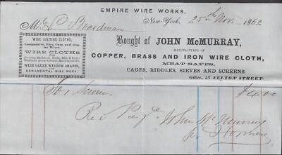 NEW YORK ~ JOHN McMURRAY, EMPIRE WIRE WORKS, FULTON STREET ~ BILLHEAD ...