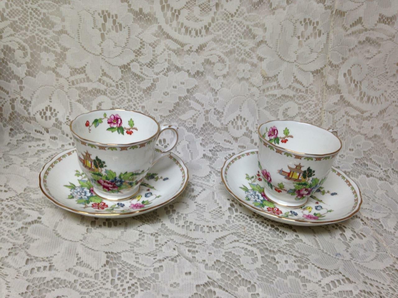 Vintage, Crown Staffordshire, Polychrome, Gaudy Blue Willow 4pc Cups ...