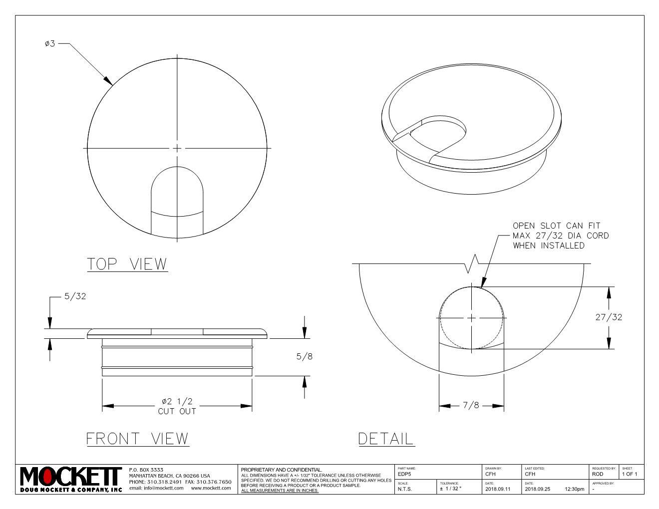 Mockett Grommet EDP-5 2.5" Brushed Chrome Desk Grommet | eBay