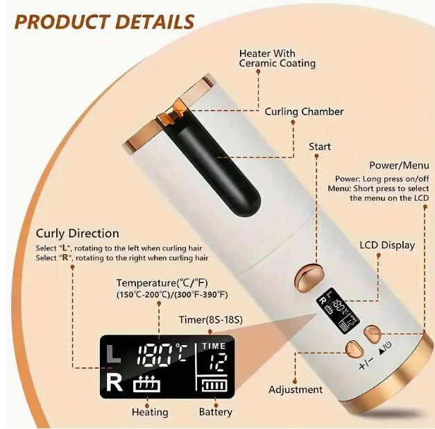 Wireless Rechargeable Curler Ceramic Auto Rotating USB LED Hair Curling ...