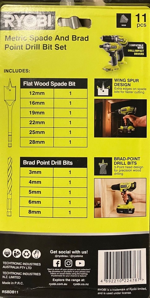 Ryobi Metric Spade And Brad Point Drill Bit 11 Pc Set New Power Tool ...