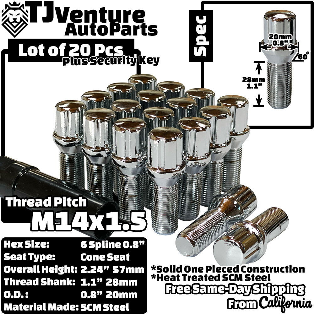 20Pc Chrome M14x1.5 Spline Tuner Lug Bolts 28mm Shank Fit Audi ...