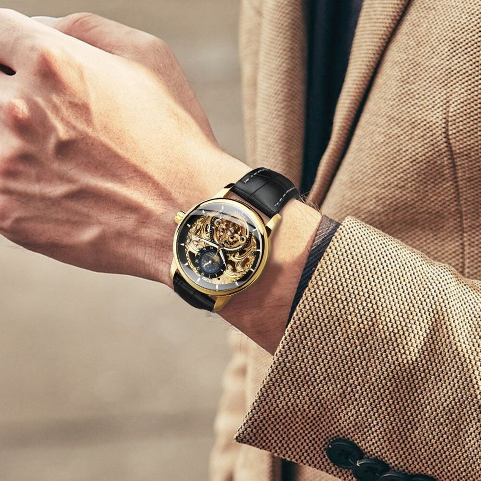 WINNER Men's Retro Automatic Mechanical Watch Tourbillon Skeleton Moon ...