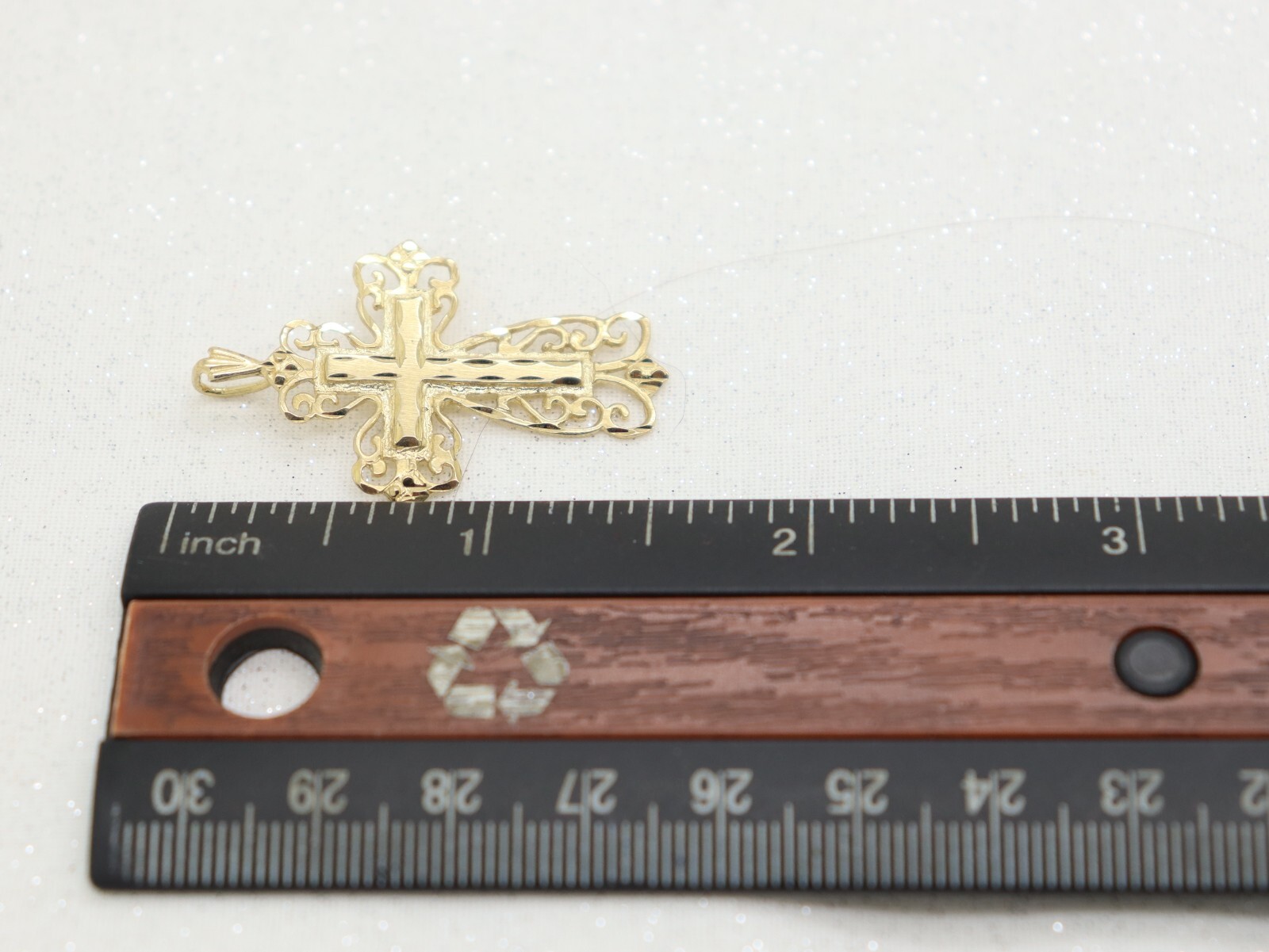 14K Yellow Gold THIN Cross Scroll Work Diamond CUT De… - Gem