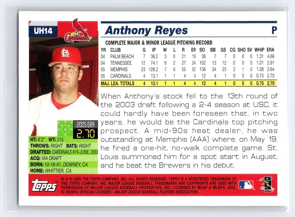 ANTHONY REYES 2005 Topps Rookie Card #UH14 St. Louis Cardinals | eBay