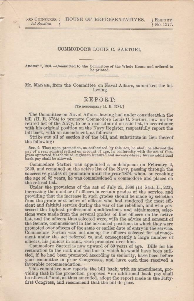 House of Representatives: Commodore Louis C. Sartori - August 7, 1894 ...