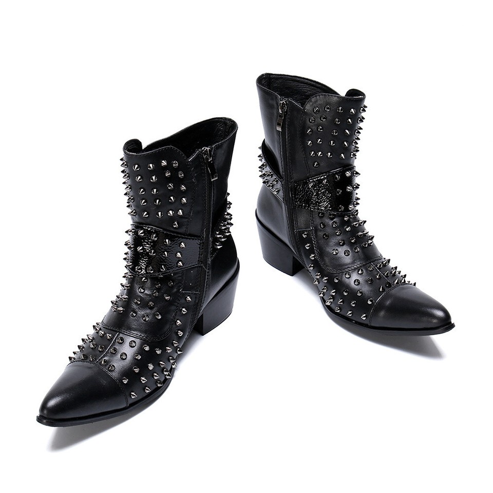 New Men's Leather Boot Motorcycle Western Boots Studded Rivet Buckle ...