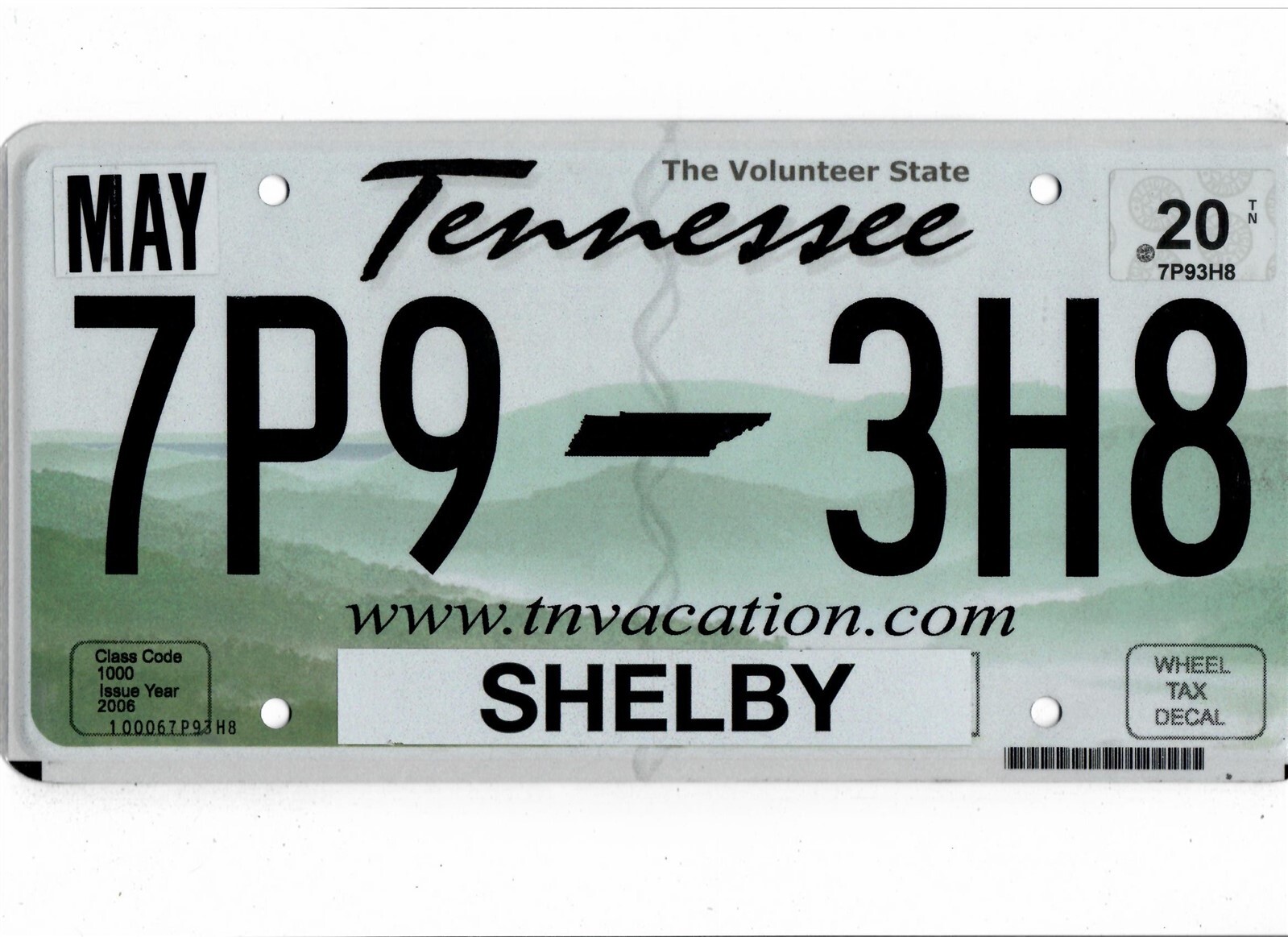 TENNESSEE passenger 2020 license plate "7P9 3H8" ***NATURAL***MINT ...