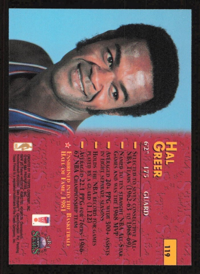 1996 Topps Stars HAL GREER Finest card PHILADELPHIA 76ers Basketball ...