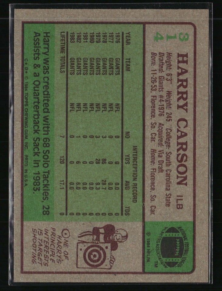 Harry Carson 1984 Topps #314 Football Card | eBay