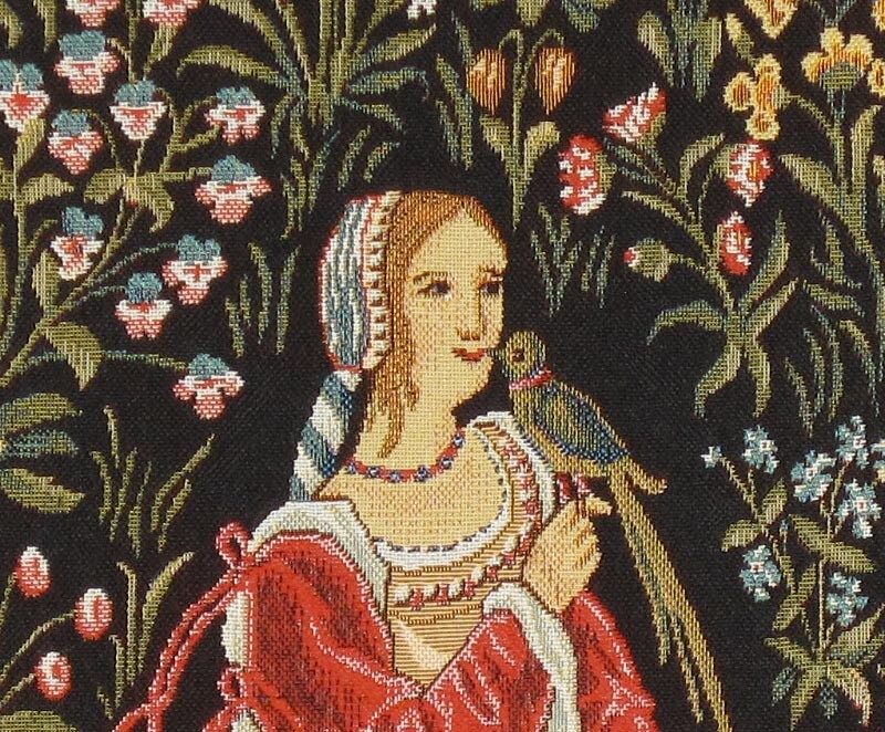 WALL JACQ. WOVEN MEDIEVAL TAPESTRY Lady w/Bird ANTIQUE MILLEFLEUR DECOR ...