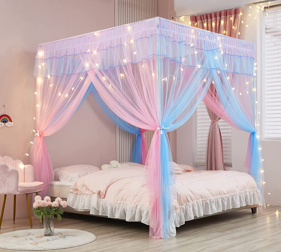Rainbow Canopy Bed Curtains with Lights - Princess Bed Canopy for Girls ...