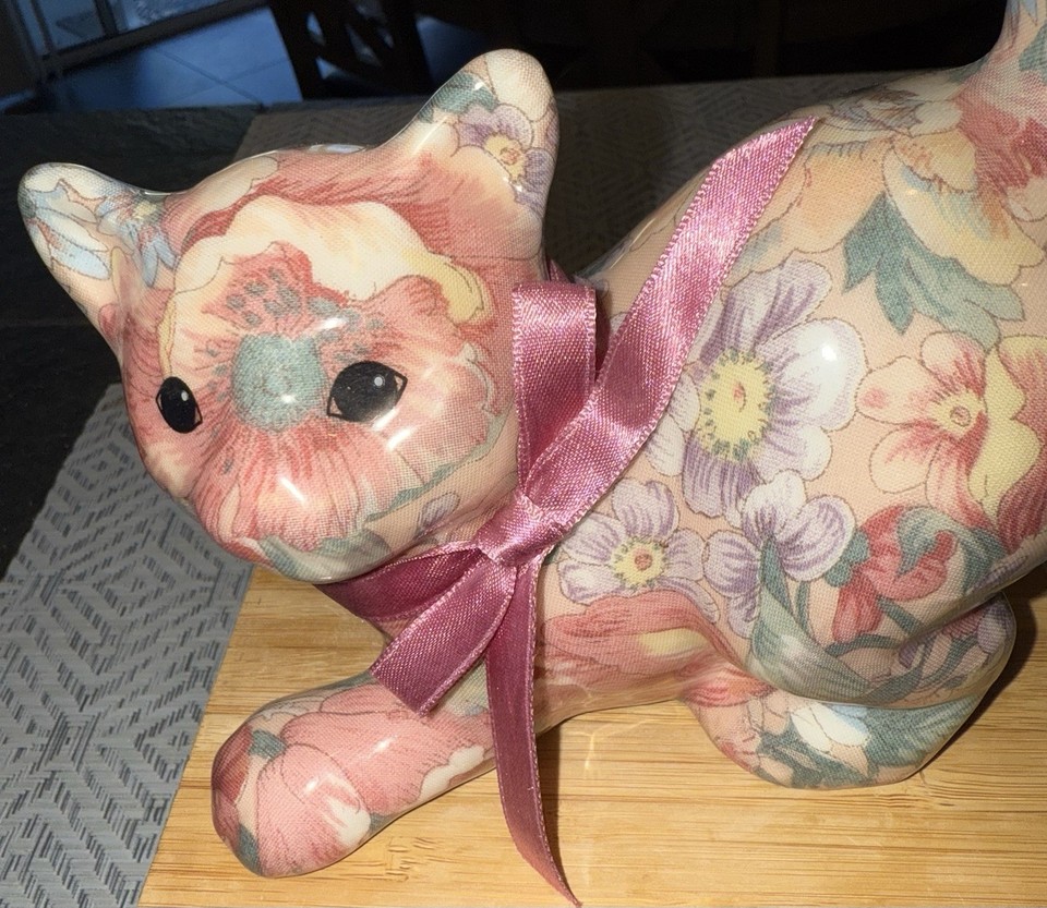 Vintage Pink Ceramic Cat Figurine W Floral Print | eBay