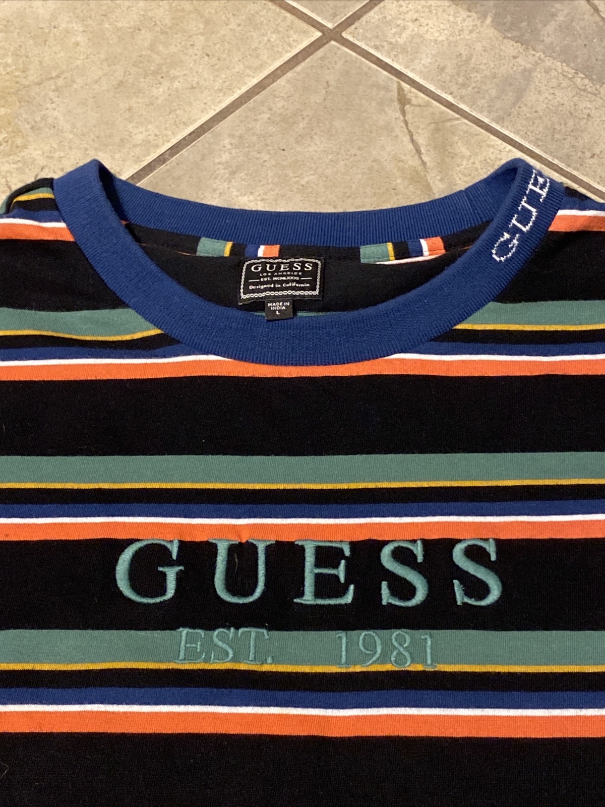 Guess Est 1981 Los Angeles Embroidered Green Blue Striped Shirt Logo ...