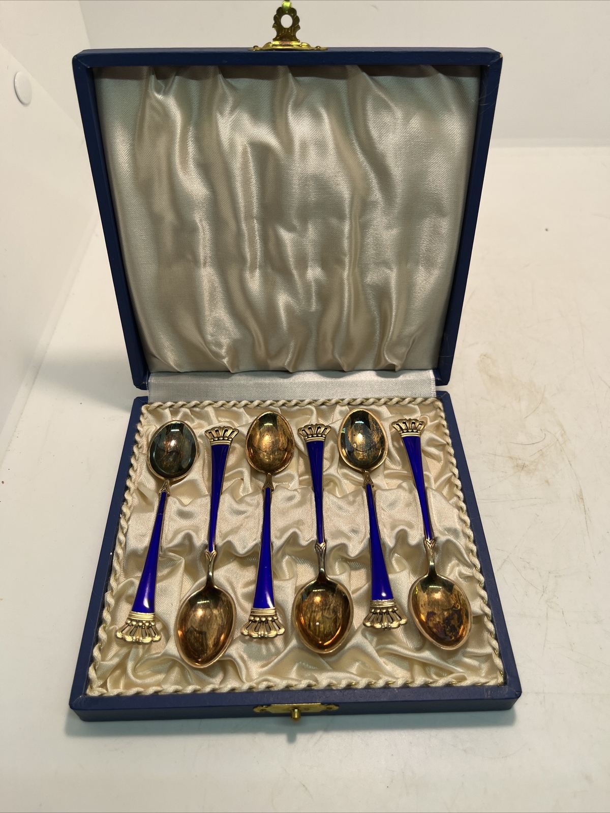 6 Sterling Silver Enameled Crown Spoons Denmark By Egon Lauridsen Case ...